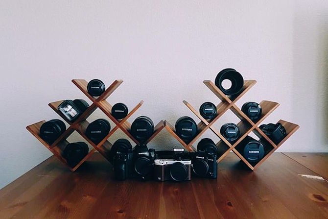 Who knew? Wine racks are perfect for storing, showing off your camera gear